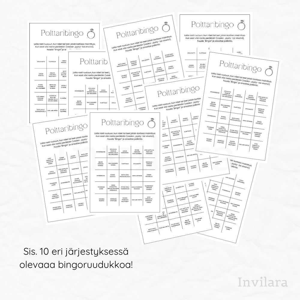 Valmis tulostettava mustavalkoinen polttaribingo - Invilara