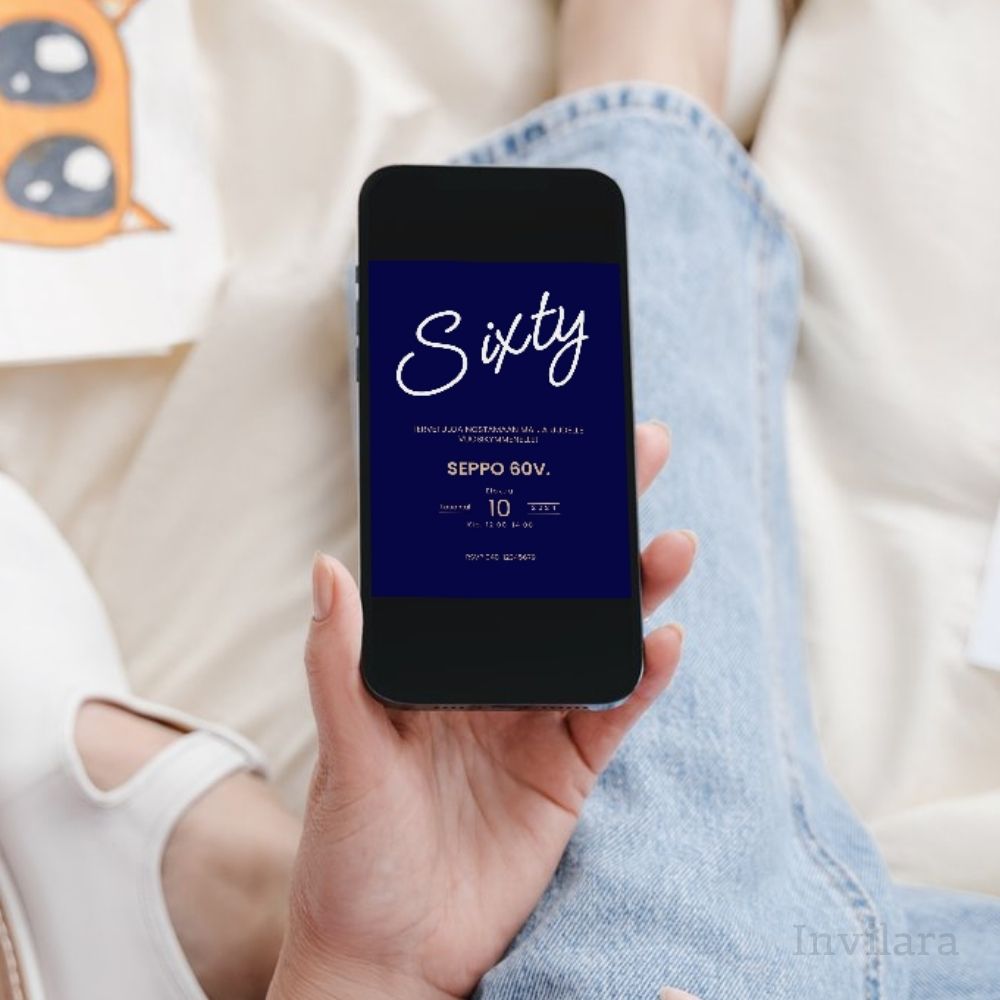 Navy aikuisten muokattava digitaalinen syntymäpäiväkutsu - Invilara