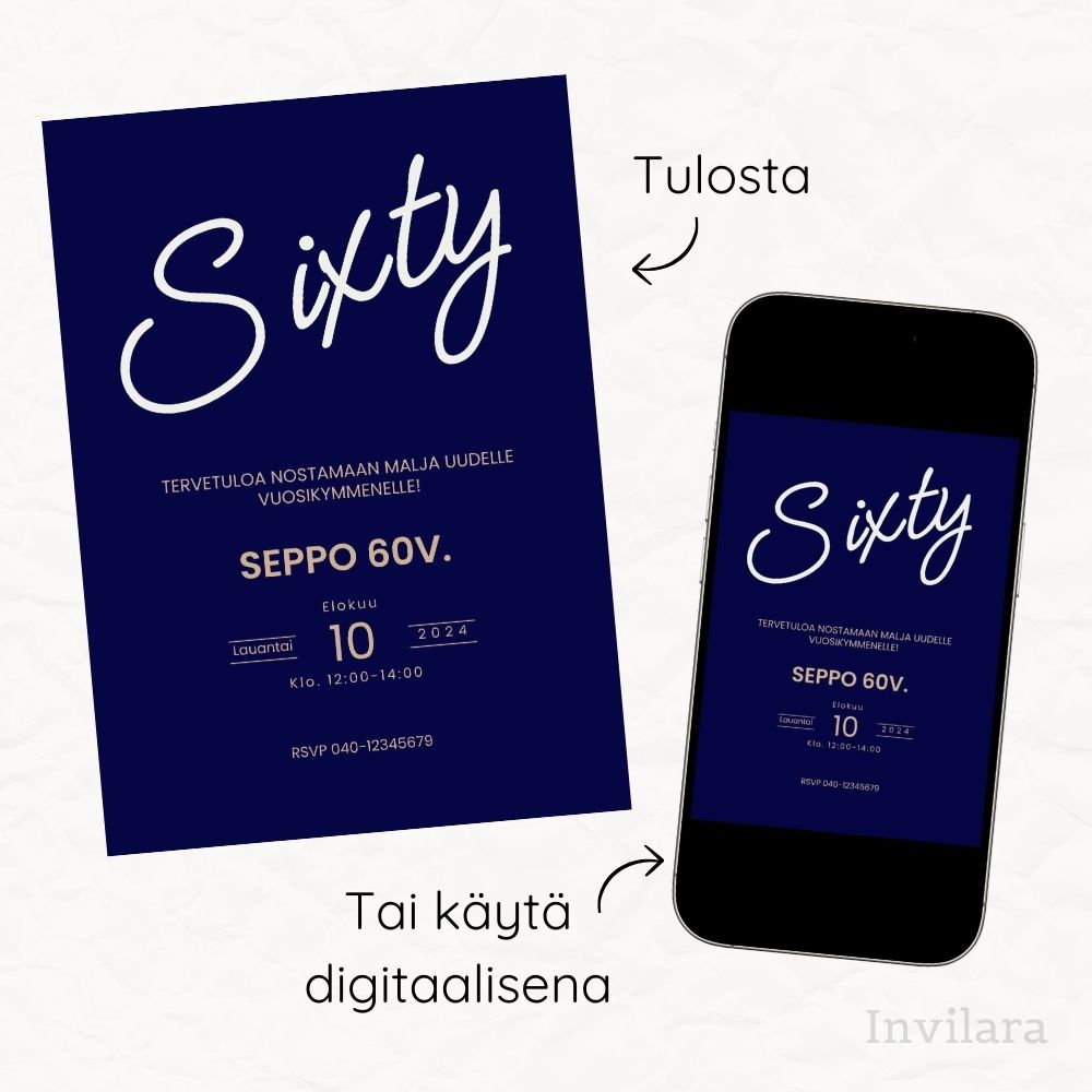 Navy aikuisten muokattava digitaalinen syntymäpäiväkutsu - Invilara