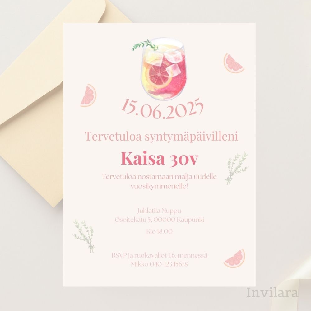 Pinkki drinkki aikuisten muokattava digitaalinen syntymäpäiväkutsu ...