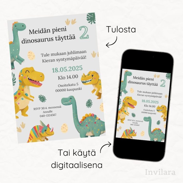 Dinosaurus lasten muokattava digitaalinen syntymäpäiväkutsu - Invilara