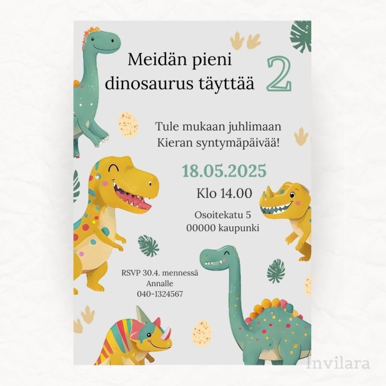 Dinosaurus lasten muokattava digitaalinen syntymäpäiväkutsu - Invilara
